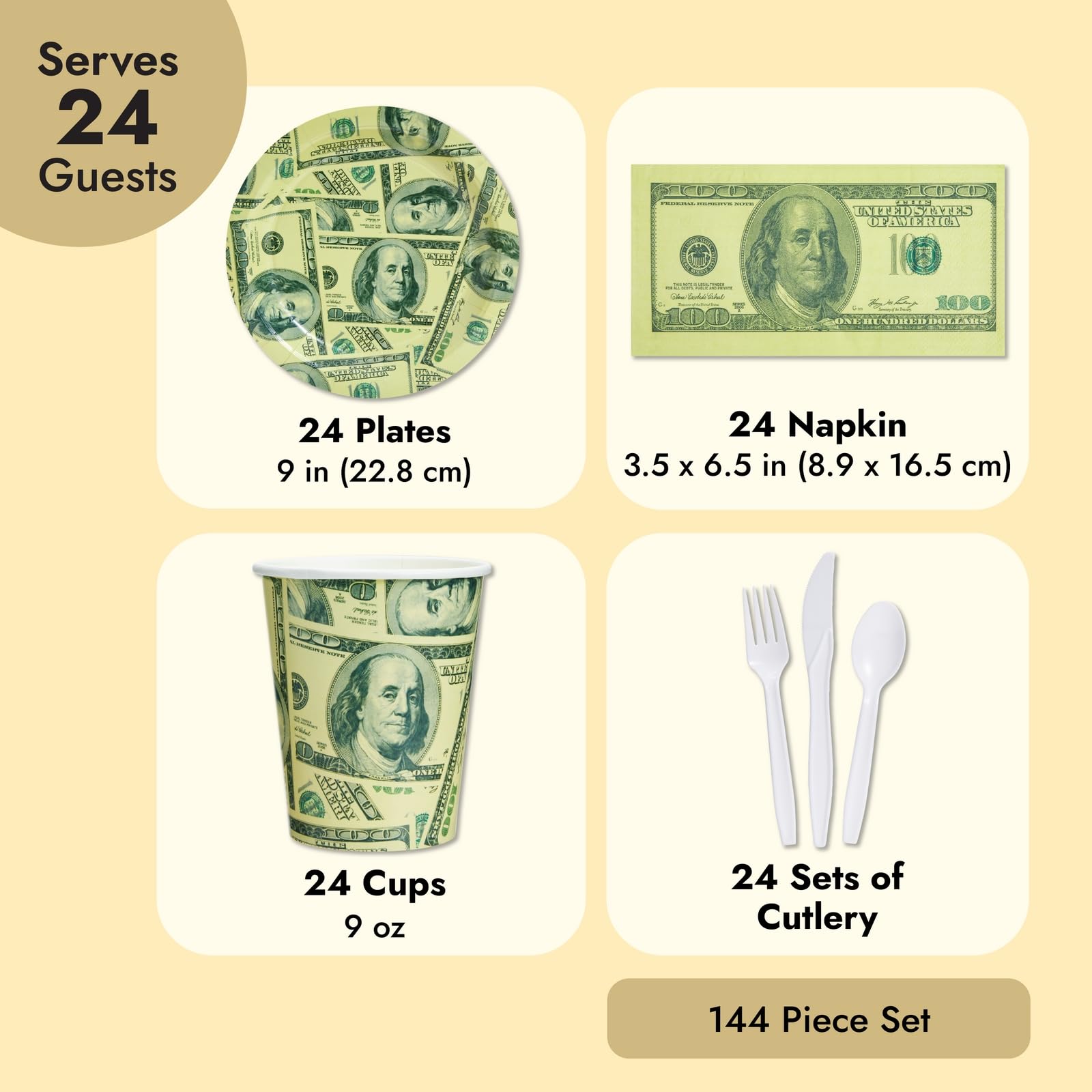 BLUE PANDA - 144 Piece Money Birthday Party Decorations for Supplies, Paper Plates, Napkins, Cups, & Cutlery Tableware Set, Hundred Dollar Bill Novelty (24 Guests)