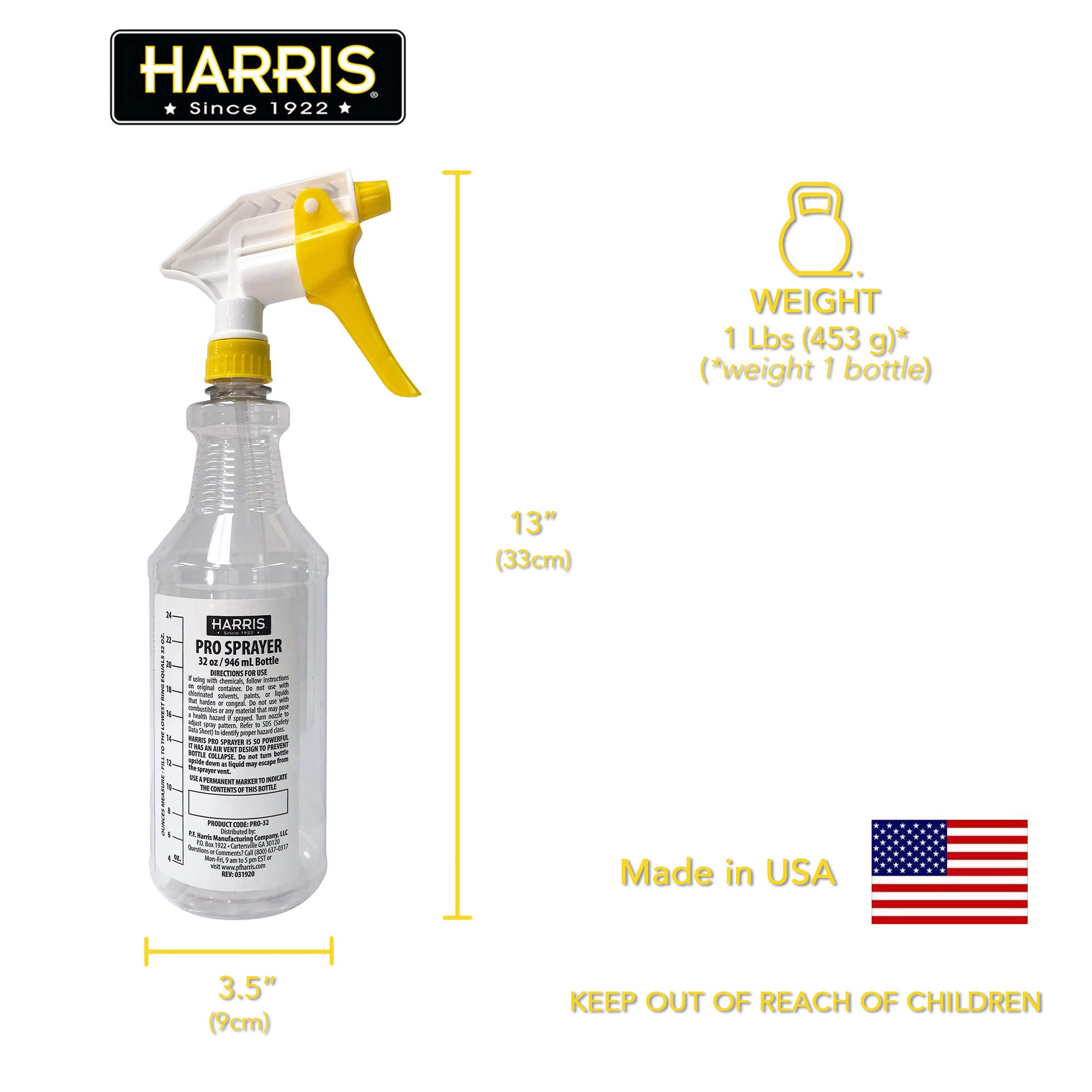 HARRIS Professional Spray Bottle 32oz (3-Pack), All-Purpose for Cleaning and Plants with Clear Finish, Pressurized Sprayer, Adjustable Nozzle and Measurements