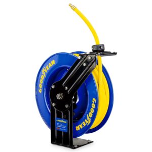 goodyear air hose reel retractable 3/8" inch x 50' foot sbr rubber hose max 300psi heavy duty industrial steel single arm construction