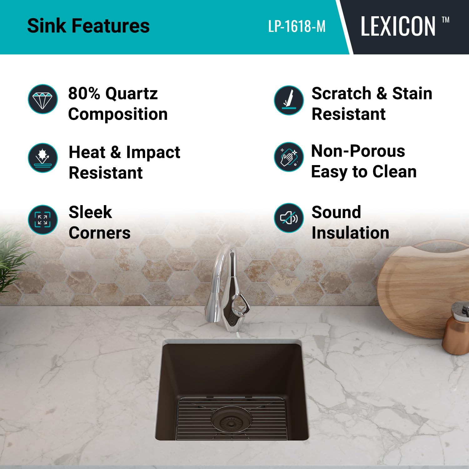 16" x 18" Quartz Kitchen Sink, Single Bowl Kitchen Sink, Drop In Kitchen Sink, Undermount Sink, Granite Composite Kitchen Sink, Galaxy Mocha Kitchen Sinks, Grid, Strainer, Lexicon Platinum LP-1618-M