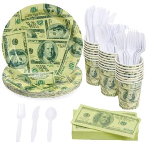 blue panda - 144 piece money birthday party decorations for supplies, paper plates, napkins, cups, & cutlery tableware set, hundred dollar bill novelty (24 guests)