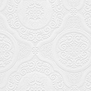 norwall nw48932 carter series vinyl textured paintable floral scroll boarded square design large wallpaper roll, 21" w x 33'l, white