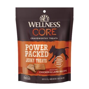 wellness core power packed dog treats, grain-free tender jerky treats, made in usa (chicken & lamb recipe, 4-ounce bag)