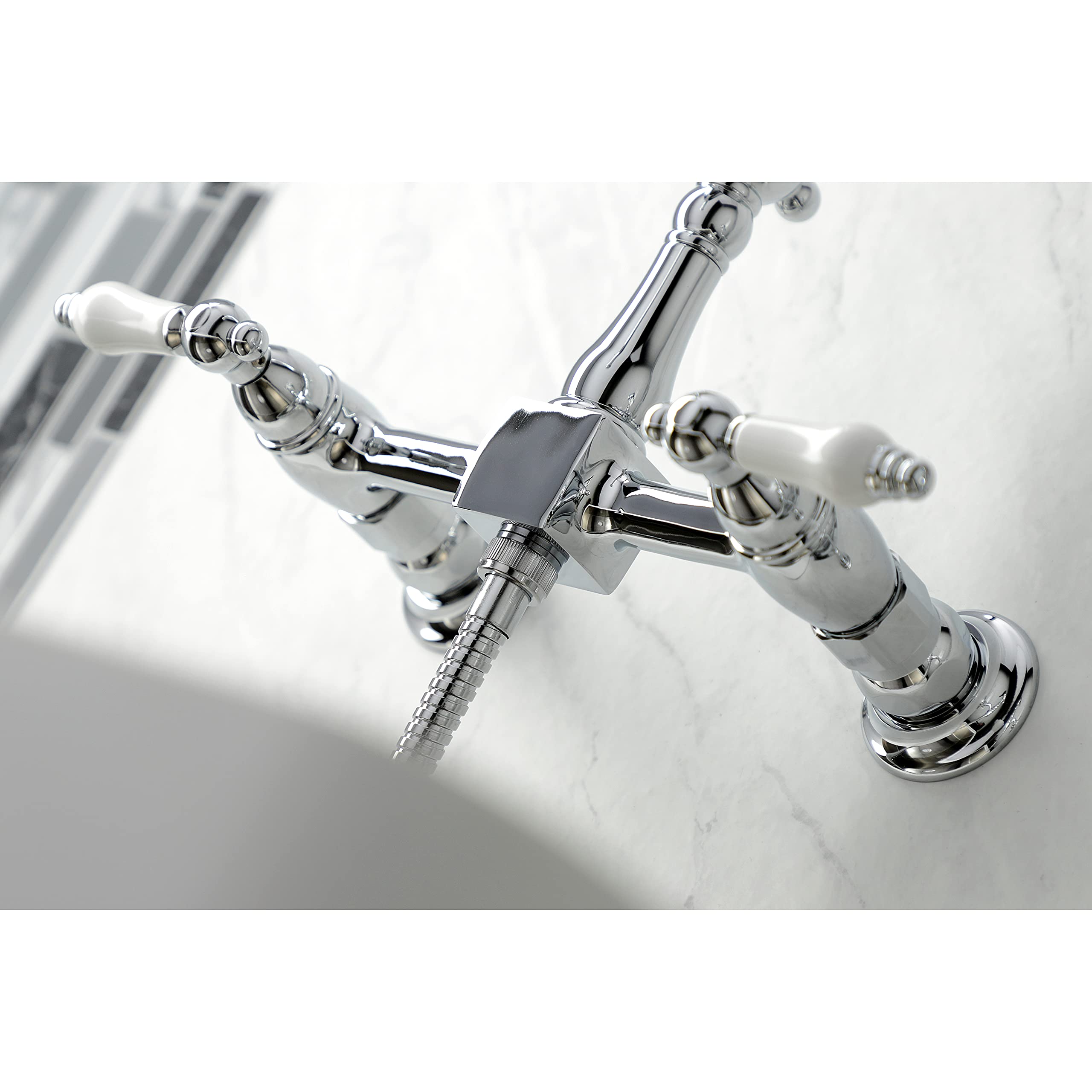 Kingston Brass KS1261PLBS Heritage Wall Mount Bridge Kitchen Faucet with Brass Sprayer, Polished Chrome