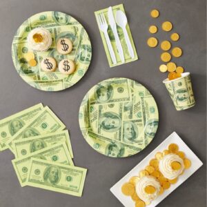 BLUE PANDA - 144 Piece Money Birthday Party Decorations for Supplies, Paper Plates, Napkins, Cups, & Cutlery Tableware Set, Hundred Dollar Bill Novelty (24 Guests)