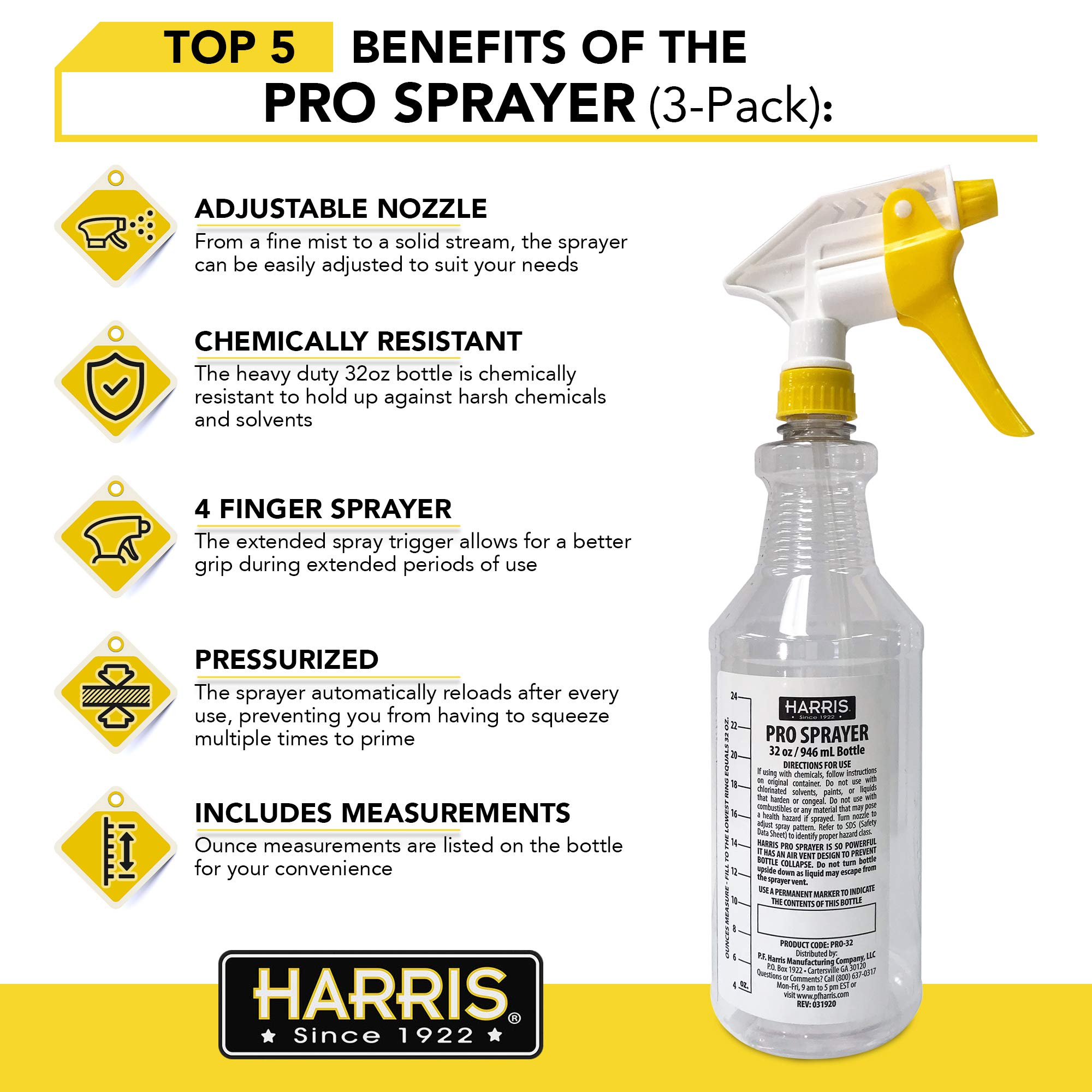 HARRIS Professional Spray Bottle 32oz (3-Pack), All-Purpose for Cleaning and Plants with Clear Finish, Pressurized Sprayer, Adjustable Nozzle and Measurements