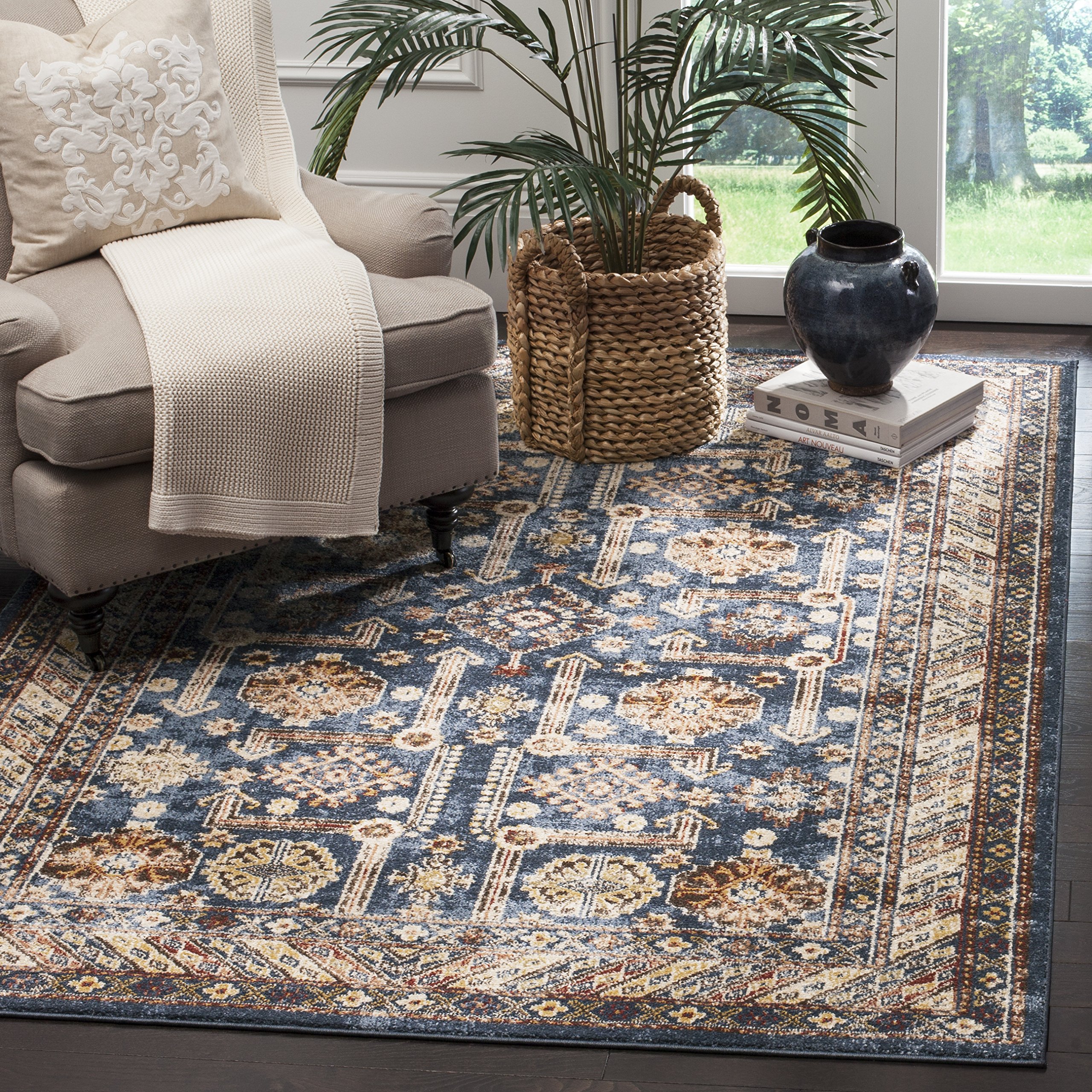 SAFAVIEH Bijar Collection 5'3" x 7'6" Royal / Ivory BIJ653B Traditional Oriental Distressed Non-Shedding Living Room Bedroom Dining Home Office Area Rug