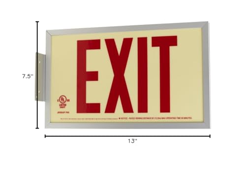 Jessup Glo Brite 7210-SAF-2-B P50 Non Electrical, Glow-in-The-Dark (Photoluminescent) Screen-Printed Eco Exit Sign, Double-Sided with Aluminum Frame and Bracket, 7.5" by 13", Red