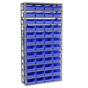 global industrial 13 shelf steel shelving with (48) 4" h plastic shelf bins, blue, 36x12x72