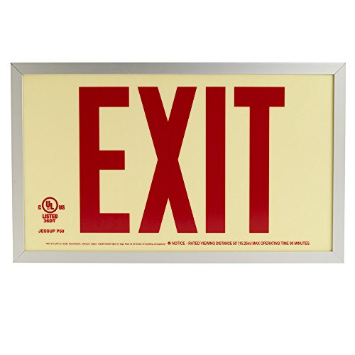 Jessup Glo Brite 7210-SAF-2-B P50 Non Electrical, Glow-in-The-Dark (Photoluminescent) Screen-Printed Eco Exit Sign, Double-Sided with Aluminum Frame and Bracket, 7.5" by 13", Red