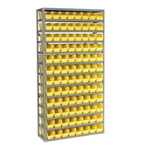 global industrial 13 shelf steel shelving with (96) 4" h plastic shelf bins, yellow, 36x12x72