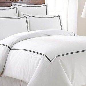 Prince Bedding 400 Thread Count 1 Piece Duvet Cover & 2 Piece Pillowshams Cotton White Solid Pattern Marrow Hem (FullQueen, Black Border)