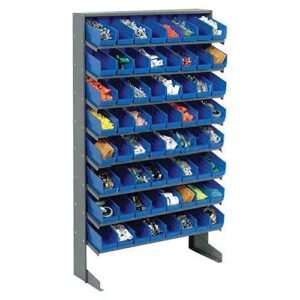 global industrial floor rack, 8 shelves w/ (64) 4"w blue bins, 33x12x61