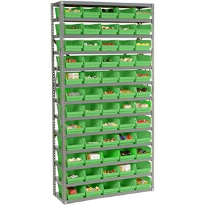 global industrial 13 shelf steel shelving with (60) 4" h plastic shelf bins, green, 36x12x72