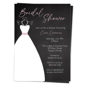 chalkboard bridal shower invitations pink black white invites wedding dress gown blackboard party shower customized custom printed cards (12 count)