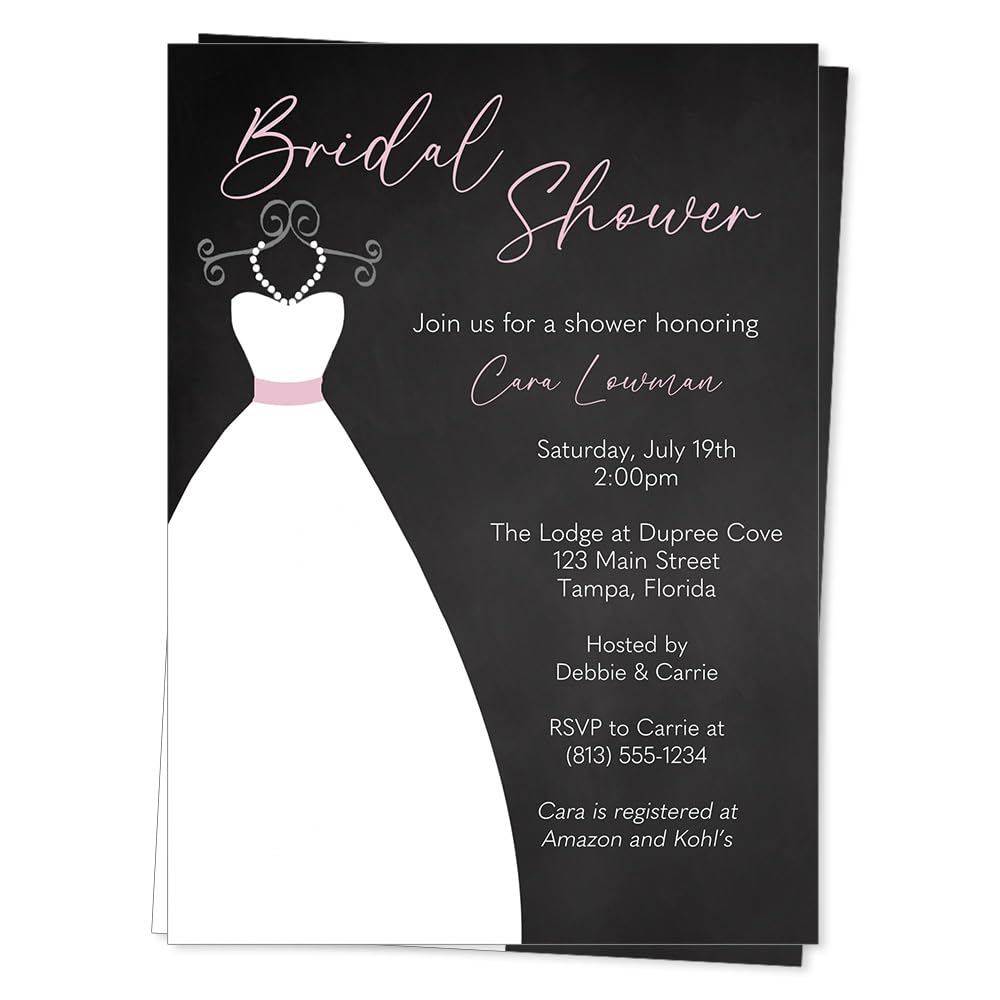 Chalkboard Bridal Shower Invitations Pink Black White Invites Wedding Dress Gown Blackboard Party Shower Customized Custom Printed Cards (12 Count)