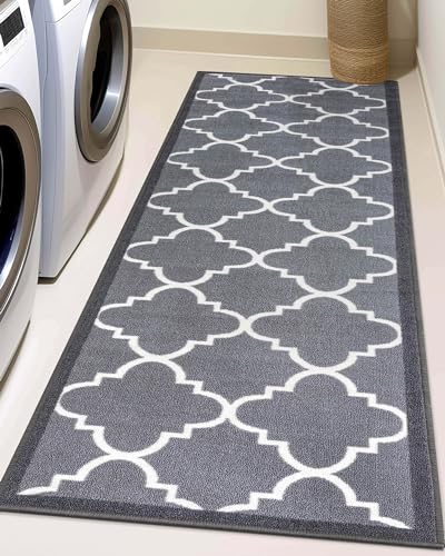 Well Woven Kings Court Brooklyn Trellis Grey - Non-Slip Rubber Backed Moroccan 2x7 Runner Rug - Hallway, Entryway & Kitchen - Kid & Pet Friendly, Easy-to-Clean, Machine-Washable, Low Looped Pile