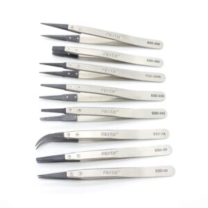 precision tweezer set - feita antistatic replaceable fiber tip stainless steel esd tweezers for electronics, jewelry-making, laboratory, hobby (8 pcs)