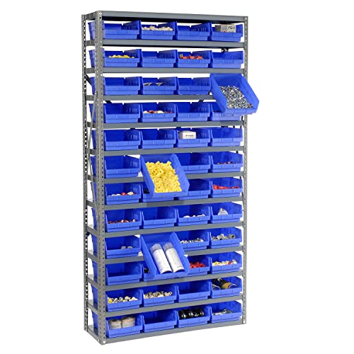 Global Industrial 13 Shelf Steel Shelving with (48) 4" H Plastic Shelf Bins, Blue, 36x12x72