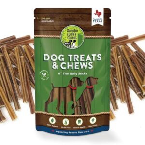 supreme 6-inch thin bully sticks by sancho and lola’s (10 pack) all-natural, long-lasting dog chew treats - free-range, grass-fed beef - low odor