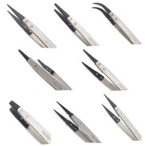 Precision Tweezer Set - FEITA Antistatic Replaceable Fiber Tip Stainless Steel ESD Tweezers for Electronics, Jewelry-Making, Laboratory, Hobby (8 Pcs)