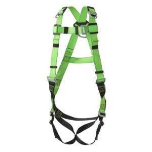 peakworks fall protection full body safety harness, 5-point adjustment with fall indicator, back & shoulder d-rings, pass thru leg buckles, hi vis green/black, universal fit, v8002030