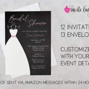 Chalkboard Bridal Shower Invitations Pink Black White Invites Wedding Dress Gown Blackboard Party Shower Customized Custom Printed Cards (12 Count)