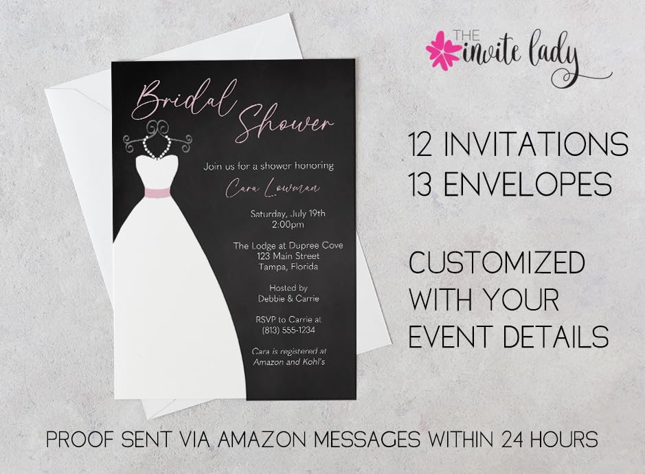 Chalkboard Bridal Shower Invitations Pink Black White Invites Wedding Dress Gown Blackboard Party Shower Customized Custom Printed Cards (12 Count)