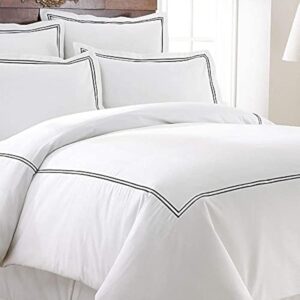 prince bedding 400 thread count 1 piece duvet cover & 2 piece pillowshams cotton white solid pattern marrow hem (fullqueen, black border)