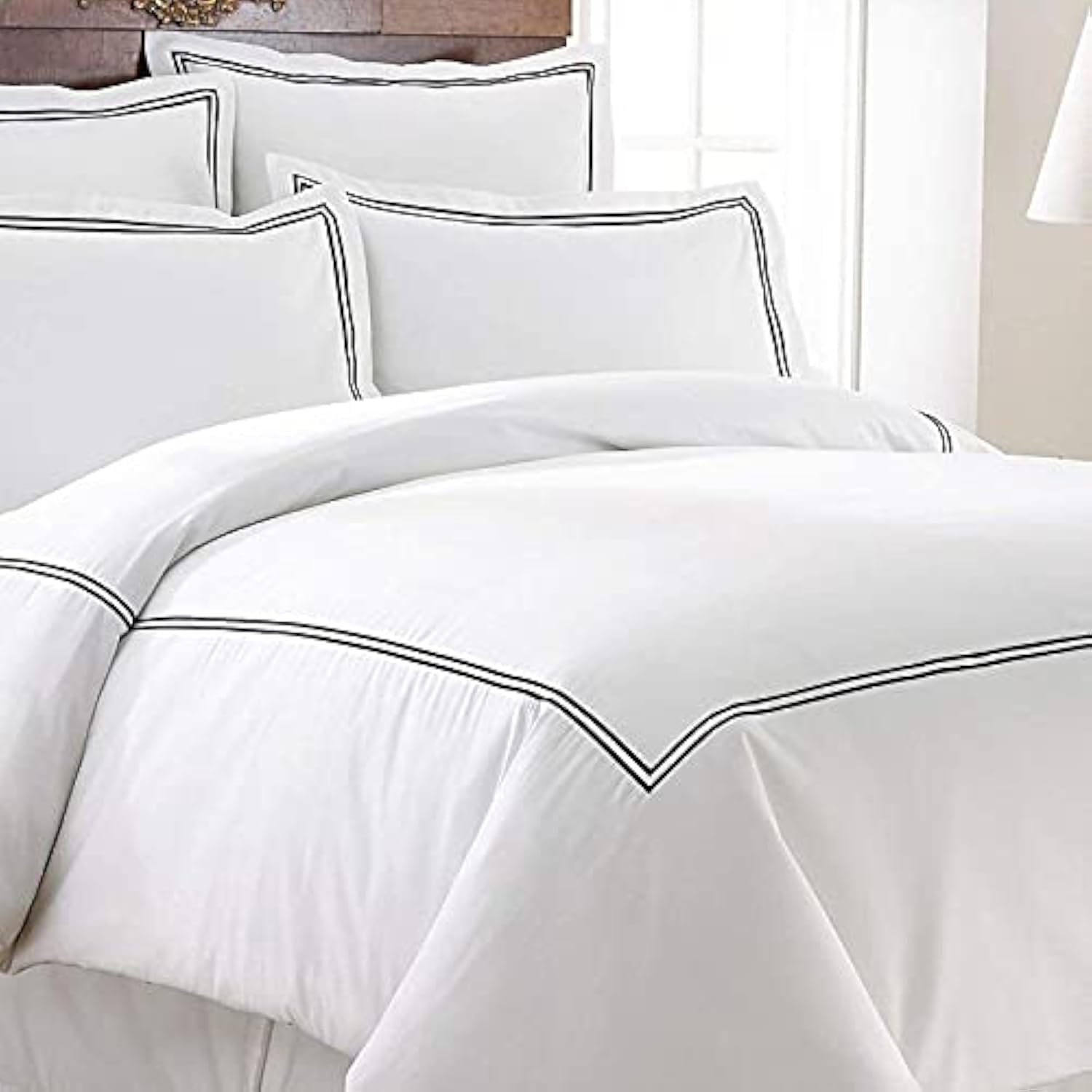 Prince Bedding 400 Thread Count 1 Piece Duvet Cover & 2 Piece Pillowshams Cotton White Solid Pattern Marrow Hem (FullQueen, Black Border)