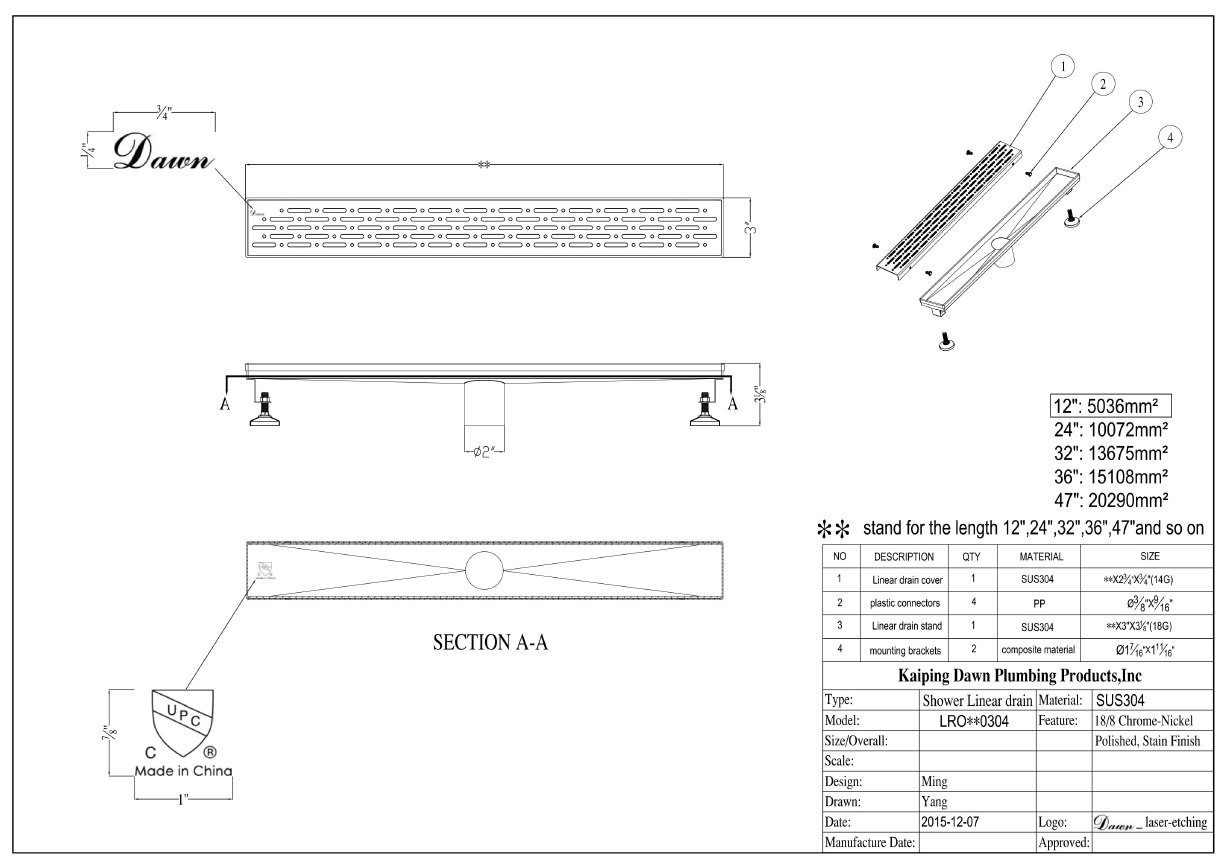 Dawn LRO240304 Contemporary Rio Orinoco River Series Linear Shower Drain, 24"