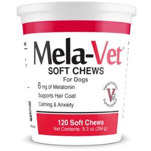 mela-vet melatonin calming soft chews for dogs, vet-formulated to provide relaxation & anxiety relief, helps reduce stress & tension-supports healthier skin & coat.120 tasty soft chews.