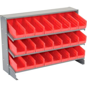 global industrial 3 shelf bench rack, (24) 4" w red bins, 33x12x21