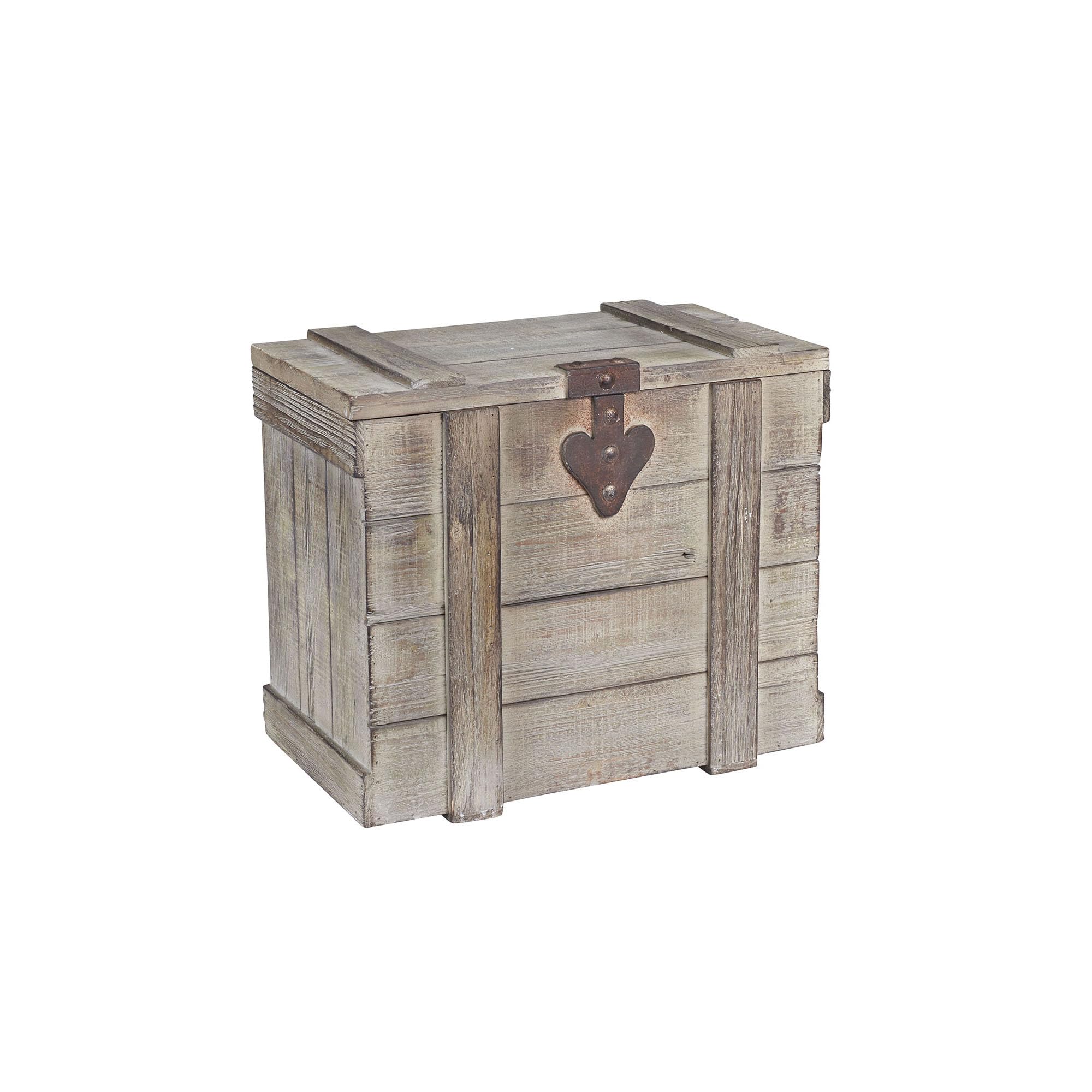 Household Essentials, Small, Antiqued Decorative Trunk, Chinese Fir Panel and MDF, Smooth Backing and Metal Hinge Accent, Flat Top and Stay-Open Lid