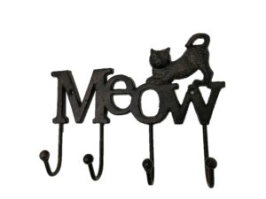 comfy hour antique and vintage animal collection 6" cast iron cat meow four key hooks key chain wall hanger