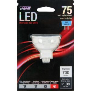 feit electric bpeyc/led dimmable led light bulb, 12 volts, 9 watts, 700 lumens, mr16 bulb shape, gu5.3 base, mol 1.78" h x 1.97" d, 3000k warm white light, average life of 25000 hours/22.8 years