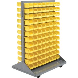 global industrial double-sided mobile rack with (192) yellow bins, 36x25-1/2x55