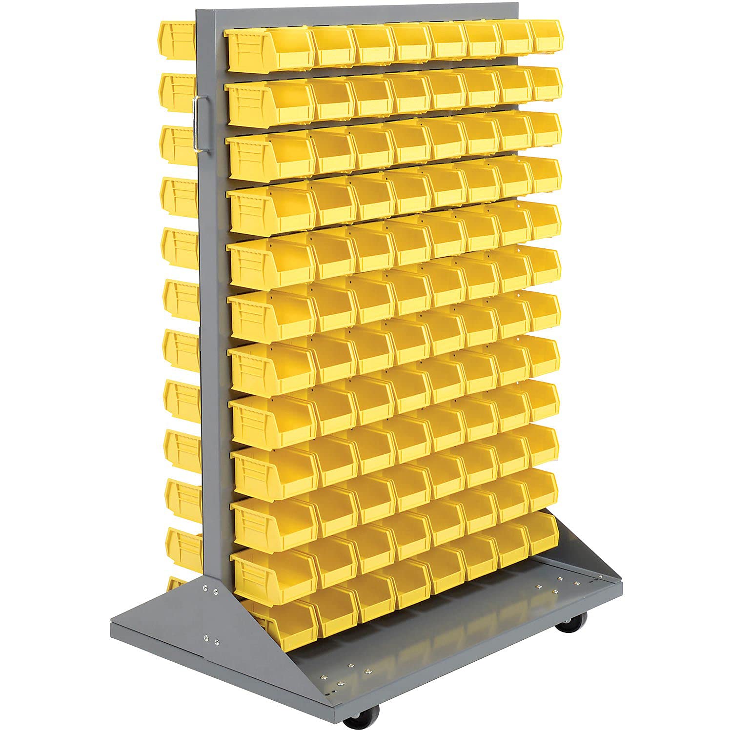 Global Industrial Double-Sided Mobile Rack with (192) Yellow Bins, 36x25-1/2x55