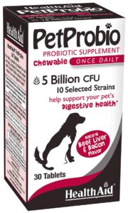 healthaid petprobio, 5 billion with probiotic, 10 strains, 30ct, once daily for cats and dogs, helps with pet’s digestive health, natural beef, liver, & bacon flavor