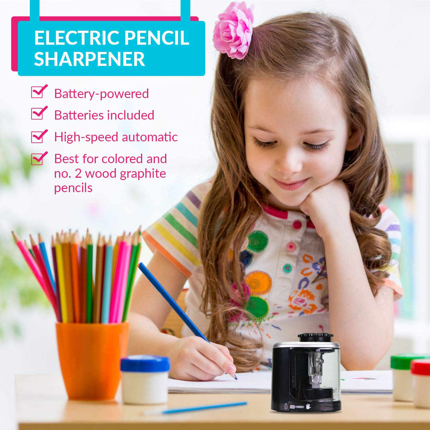 Electric Pencil Sharpener, Battery-Powered, Batteries Included, High-Speed Automatic, Best for Colored, No. 2 Wood Graphite Pencils, Home Office School Classroom Adults Kids, Straight Blade (Black)