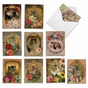 the best card company 10 assorted thank you notecards box set 4 x 5.12 inch with envelopes (10 designs, 1 each) feline frames m6638tyg