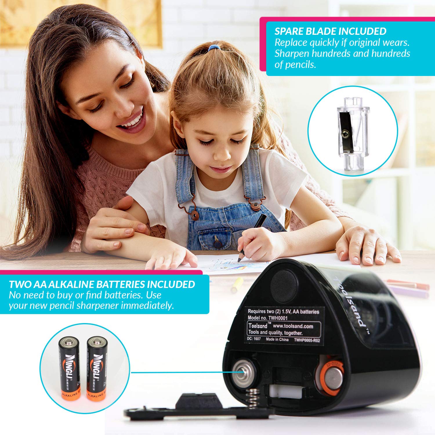 Electric Pencil Sharpener, Battery-Powered, Batteries Included, High-Speed Automatic, Best for Colored, No. 2 Wood Graphite Pencils, Home Office School Classroom Adults Kids, Straight Blade (Black)