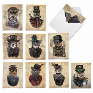 the best card company 10 assorted thank you notecards bulk box set 4 x 5.12 inch with envelopes (10 designs, 1 each) steampunk cats m6554tyg