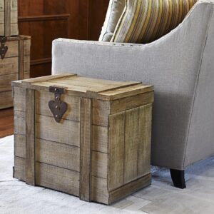 Household Essentials, Small, Antiqued Decorative Trunk, Chinese Fir Panel and MDF, Smooth Backing and Metal Hinge Accent, Flat Top and Stay-Open Lid