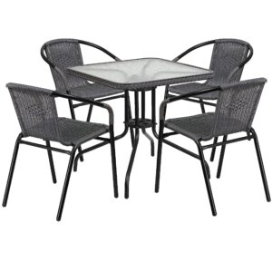 flash furniture 5-piece 28" square indoor/outdoor patio table and chairs set, glass metal bistro table and 4 stacking rattan chairs, gray