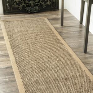 nuloom 2x8 elijah seagrass area rug, beige, solid farmhouse style, cotton bordered, basketweave, natural fiber, for bedroom, dining room, living room, hallway, office, kitchen, entryway