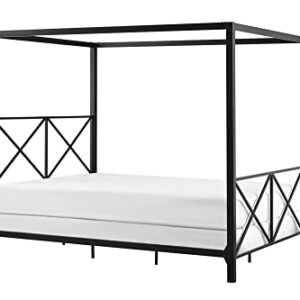 DHP Rosedale Metal Canopy Bed Frame with Four Poster Design and Geometric Accented Headboard and Footboard, Underbed Storage Space, Queen, Black