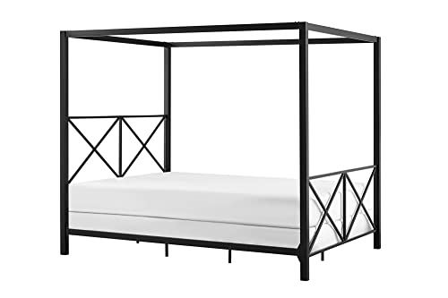 DHP Rosedale Metal Canopy Bed Frame with Four Poster Design and Geometric Accented Headboard and Footboard, Underbed Storage Space, Queen, Black