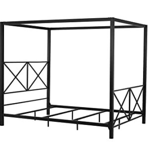 DHP Rosedale Metal Canopy Bed Frame with Four Poster Design and Geometric Accented Headboard and Footboard, Underbed Storage Space, Queen, Black