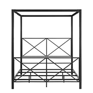 DHP Rosedale Metal Canopy Bed Frame with Four Poster Design and Geometric Accented Headboard and Footboard, Underbed Storage Space, Queen, Black